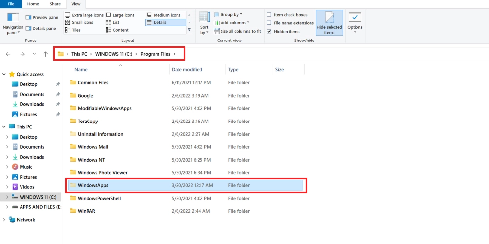 如何在 Windows 11/10 上访问隐藏的 WindowsApps 文件夹 - AFFRT